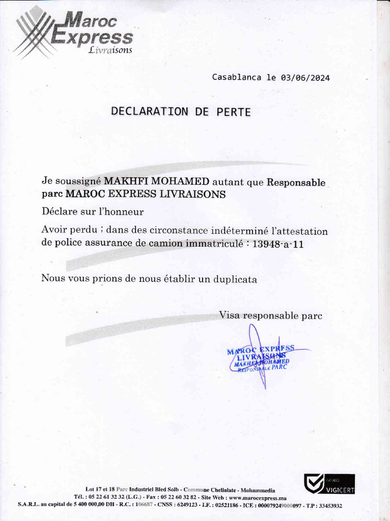 DECLARATION DE PERTE SINGE | PDF