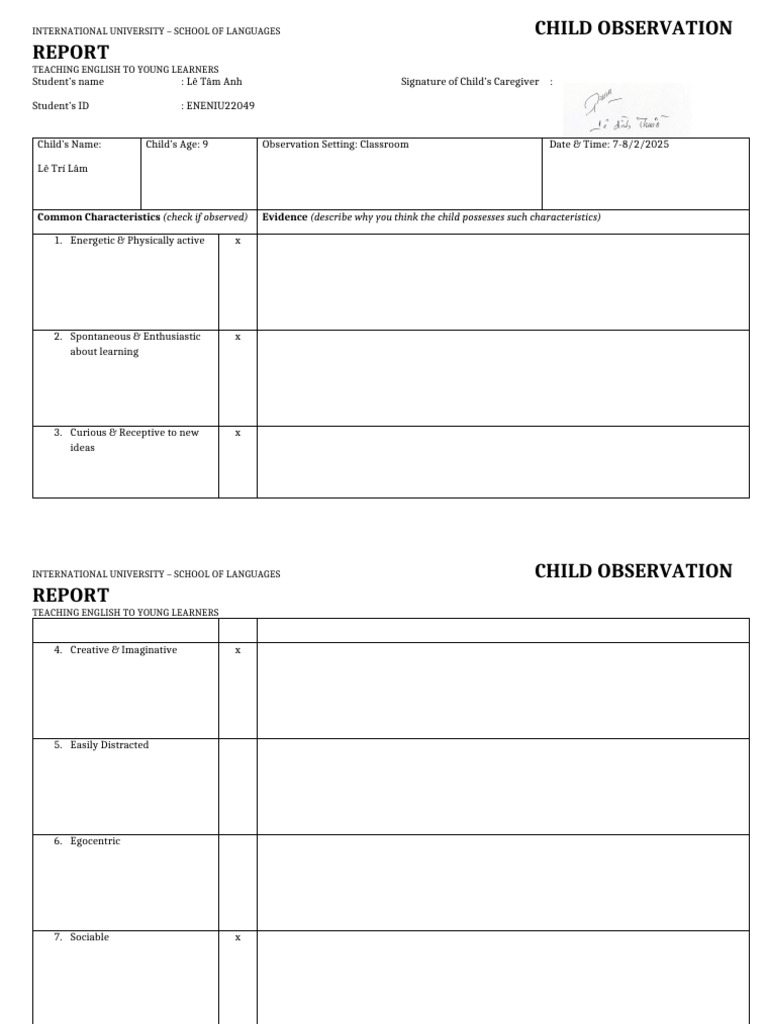 Personal Report - CHILD OBSERVATION REPORT | PDF