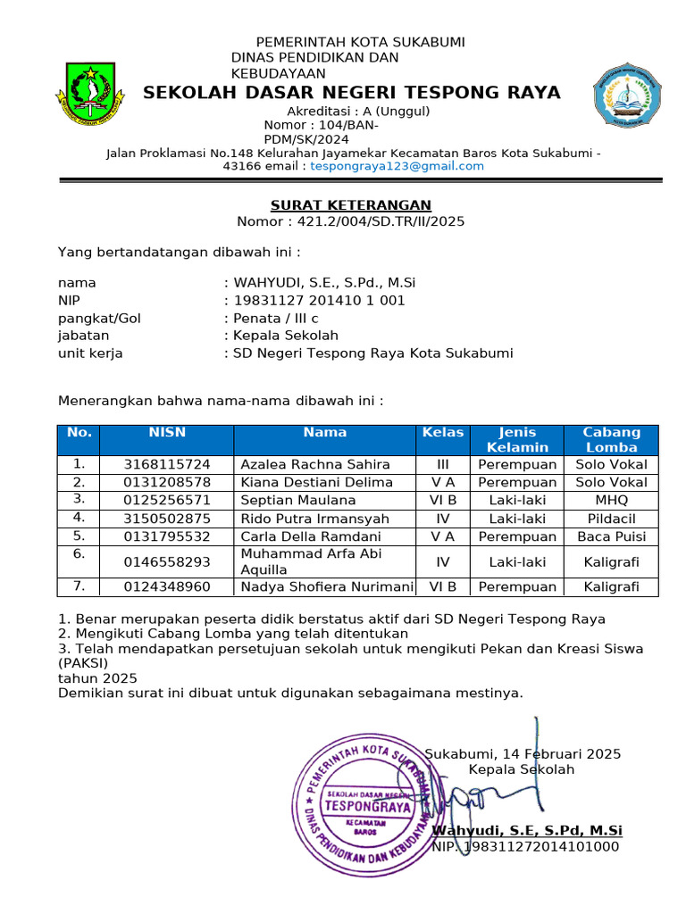 Surat Keterangan Peserta Lomba SD Tespong | PDF