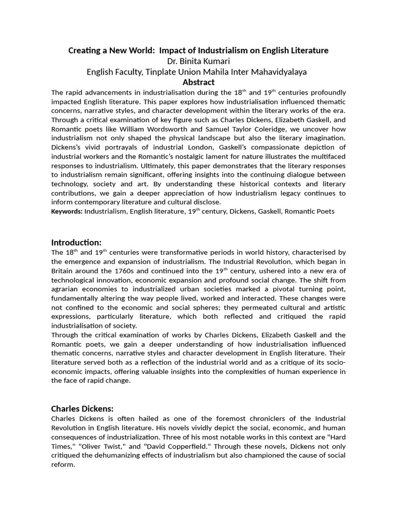 Creating A New World - Impact of Industrialism On English Literature ...