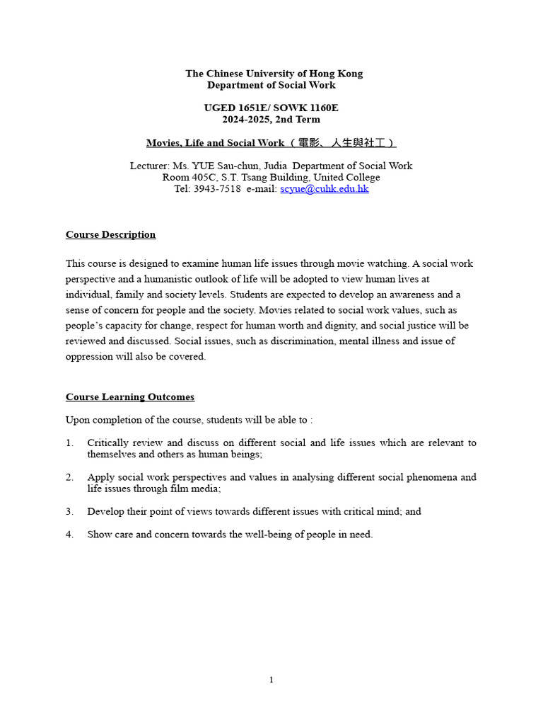 Movies, life and social work _ course outline_ jan 2025 - Tagged | PDF ...