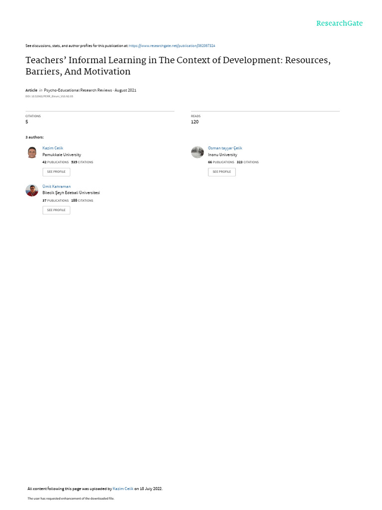 Teachers' Informal Learning in The Context of Development Resources, Barriers, and Motivation ...