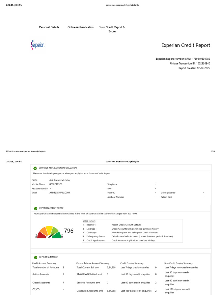 Consumer - Experian.in - Ecv-Jet - Signin ANIL KUMAR METHAR | PDF ...