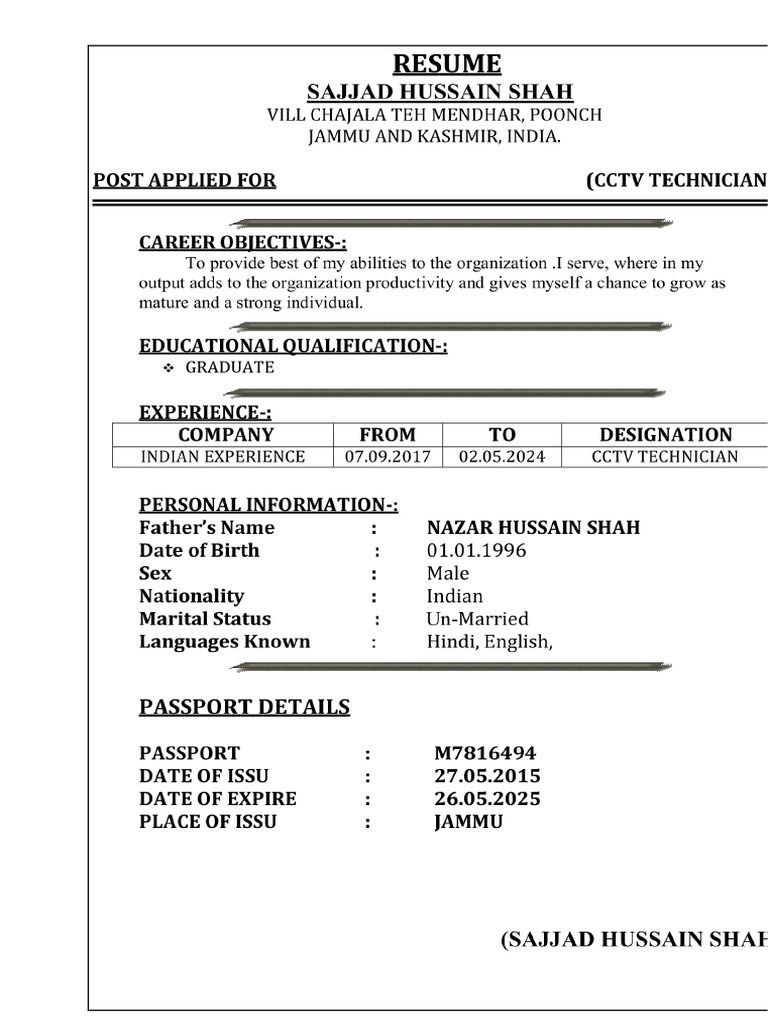SAJJAD HUSSAIN SHAH (CCTV TECHNICIAN) Resume | PDF