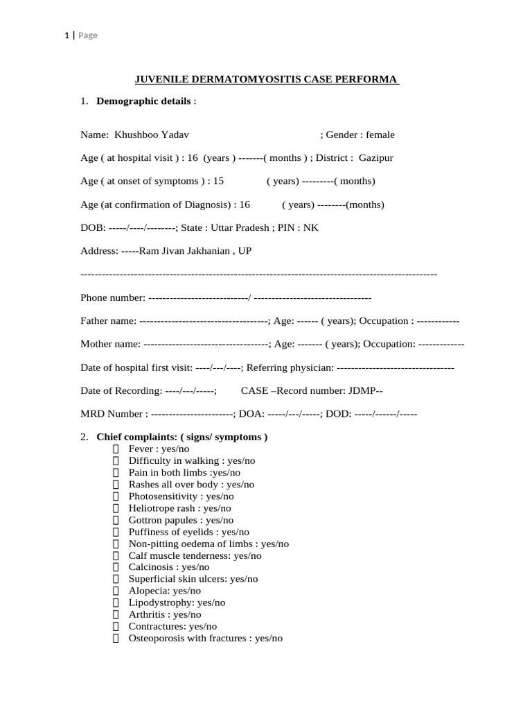 Juvenile Dermatomyositis Case Performa | PDF | Medicine | Human Diseases And Disorders