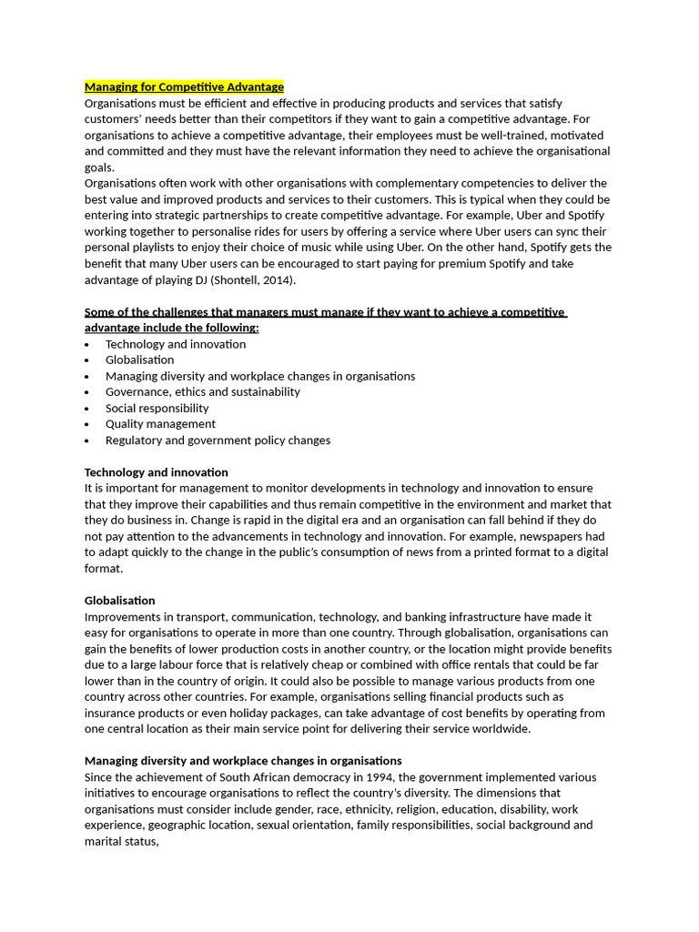 Week 3 - Lesson 11 Managing For Competitive Advantage | PDF ...