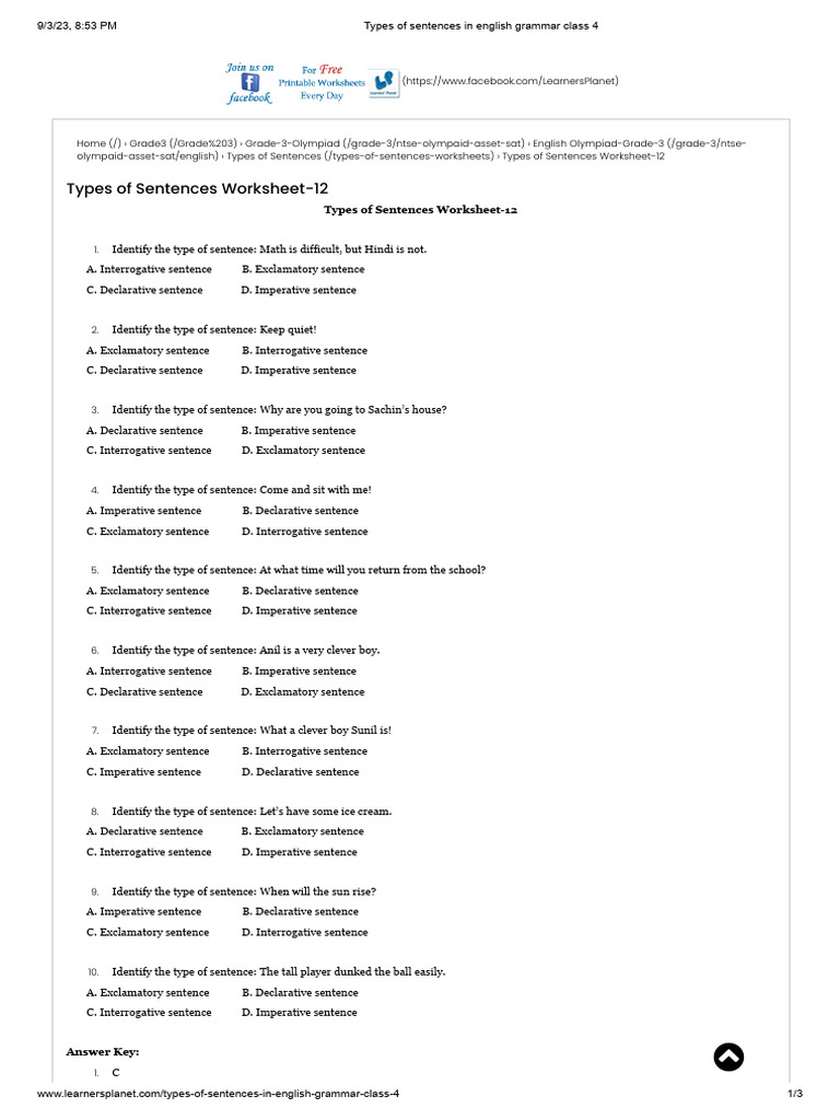 Types of Sentences in English Grammar Class 4 | PDF | Sentence (Linguistics) | Semantics