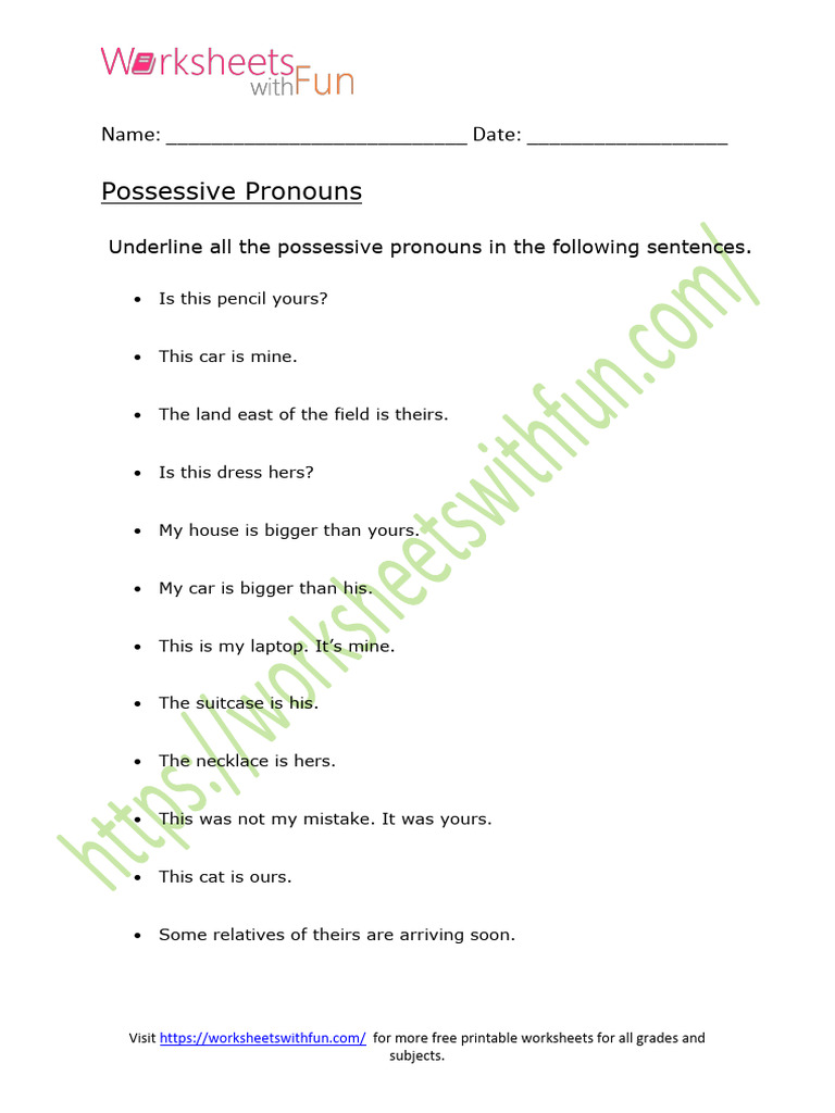 Possessive Pronouns Worksheet 1 | PDF