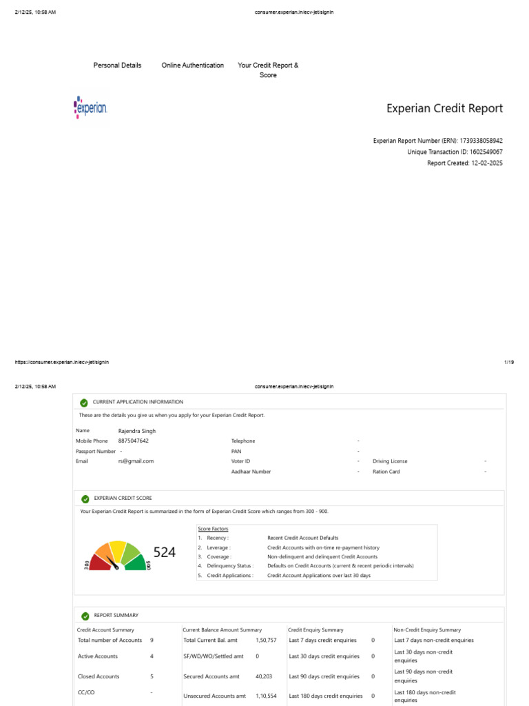 Experian Credit Report Summary | PDF | Loans | Finance & Money Management