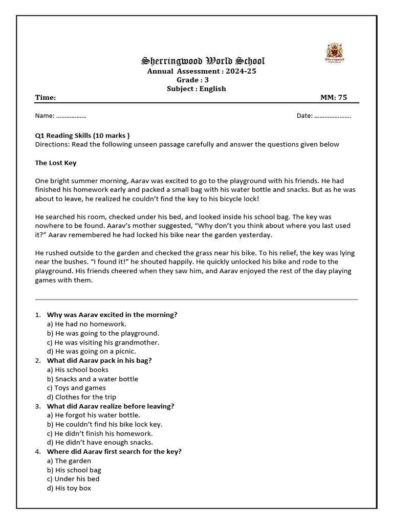 GR 3 English Annual Assessment 2025 | PDF