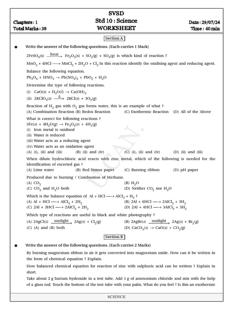 STD10 Science Worksheet 2 | PDF | Chemical Reactions | Redox