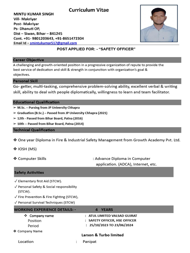 Mintu KR Singh CV PDF 2024 Update New | PDF | Safety
