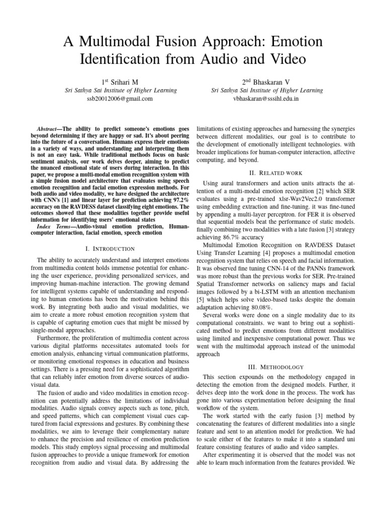 A Multimodal Fusion Approach Emotion Identification From Audio and Video With Author | PDF ...