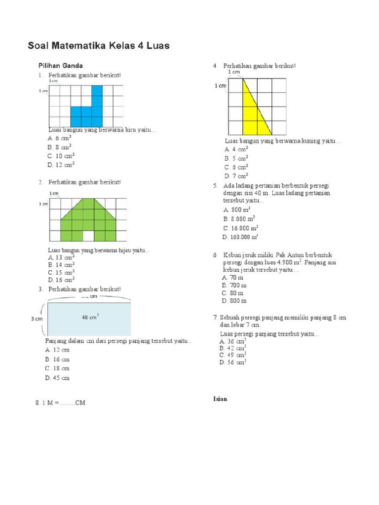 Soal Matematika Kelas 4 - Bab 1 (Luas & Volume) | PDF