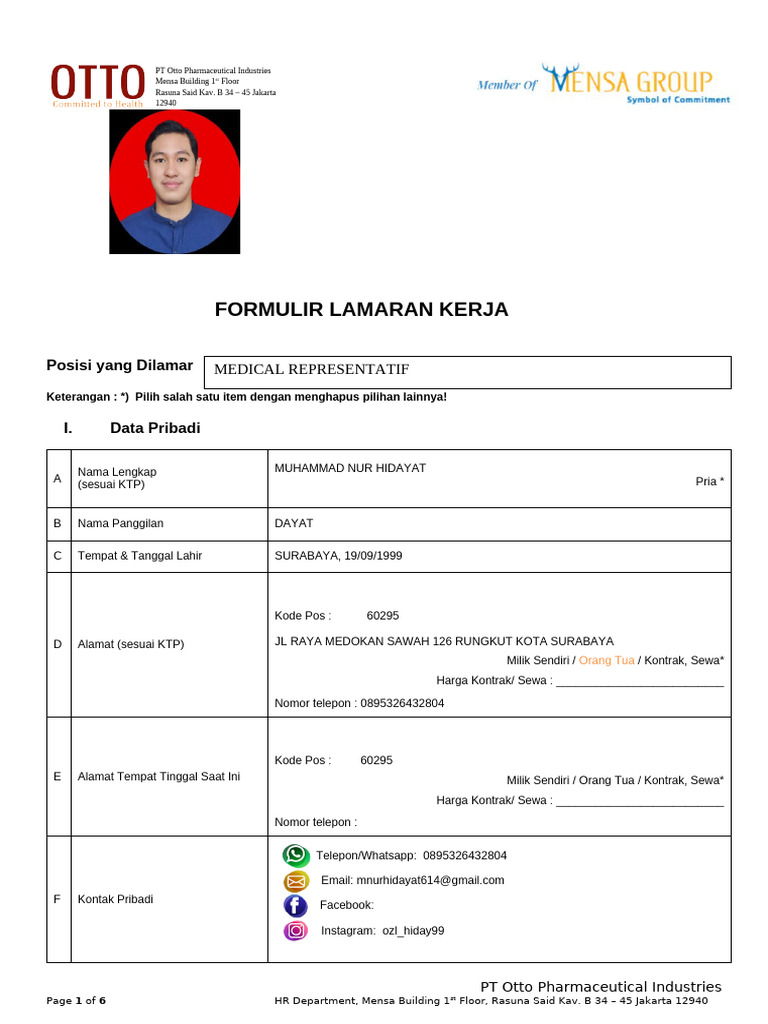 Otto Application Form_(Muhammad Nur Hidayat) | PDF