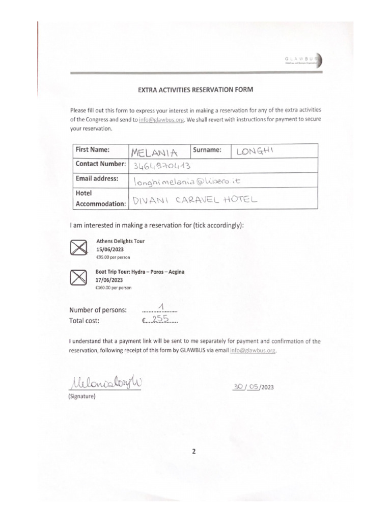 Extra Activities Reservation Form | PDF