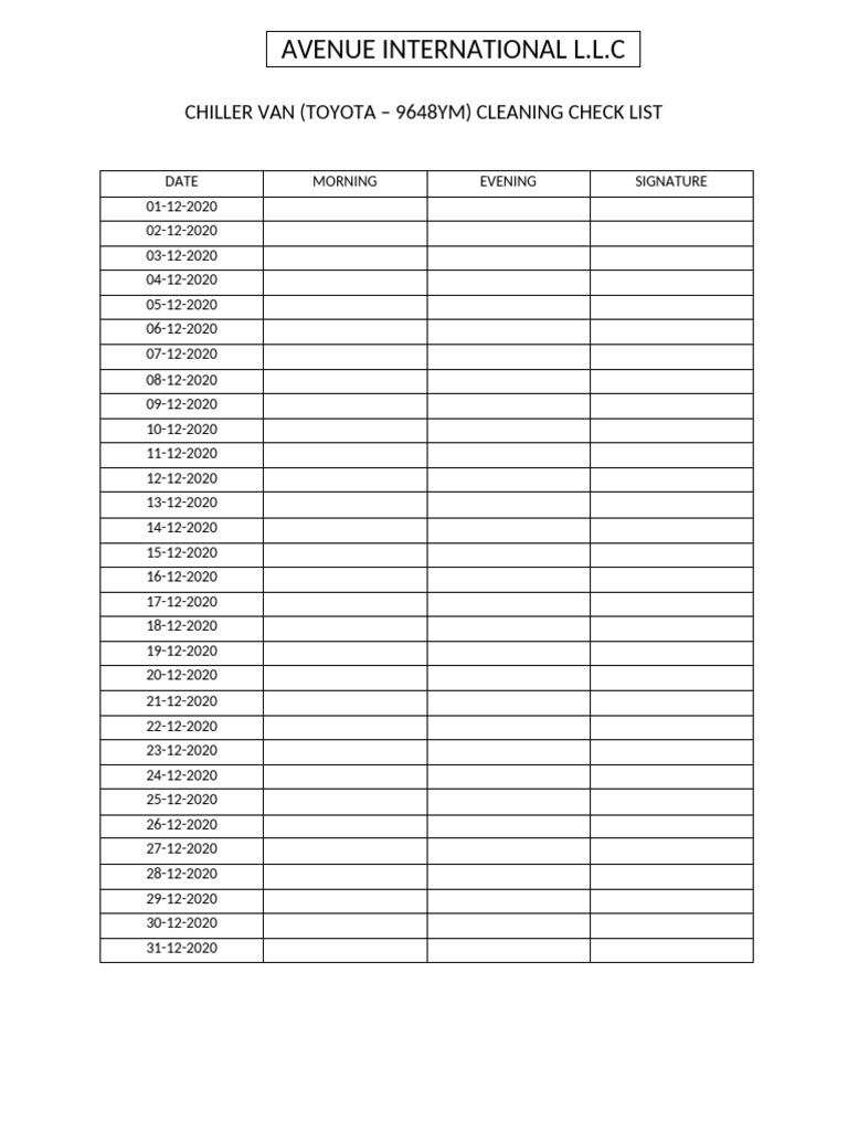 Chiller Van Cleaning Checklist | PDF