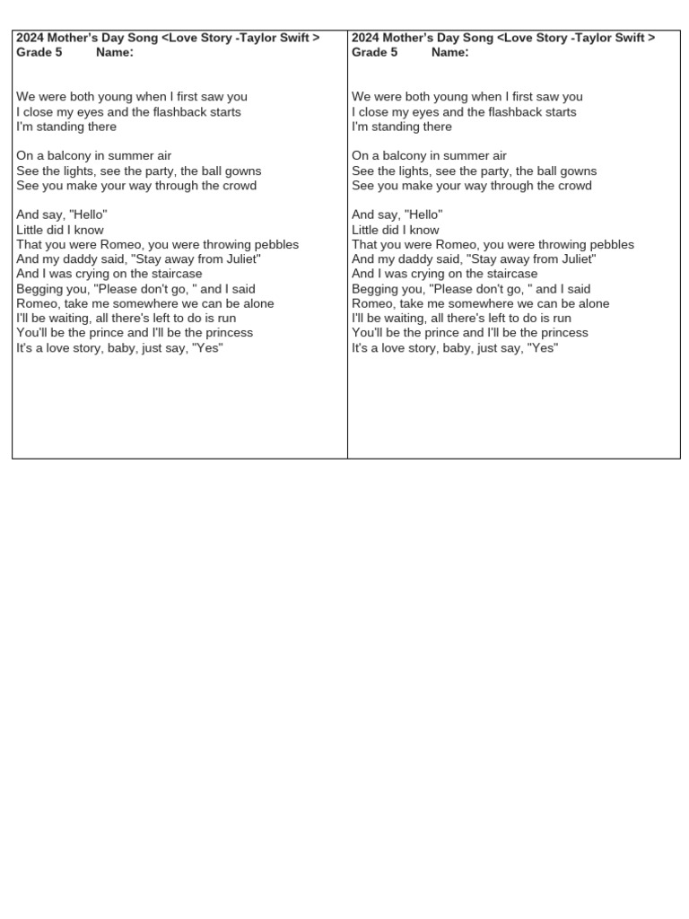 2024 Grade 5 Mother's Day Song Lyric | PDF
