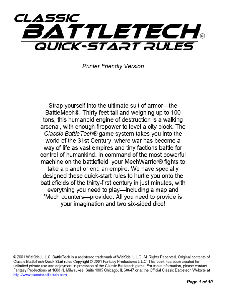 Classic BattleTech Quick-Start Guide | PDF | Battle Tech