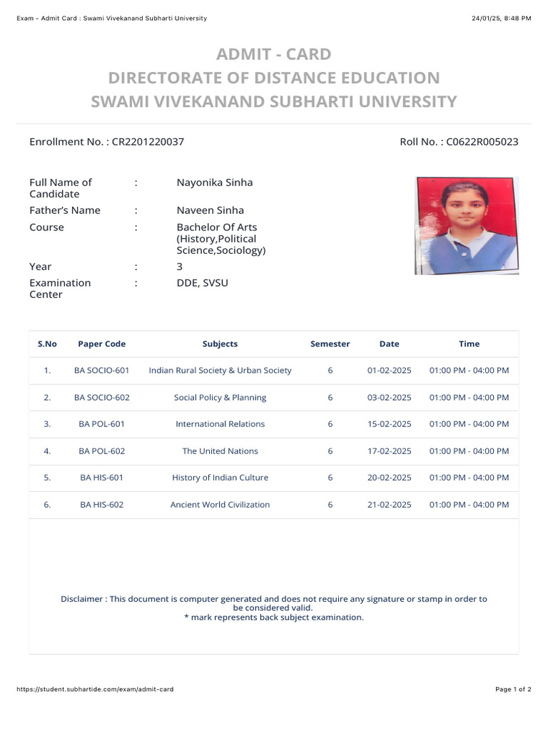 Subharti University Admit Card 2025 | PDF