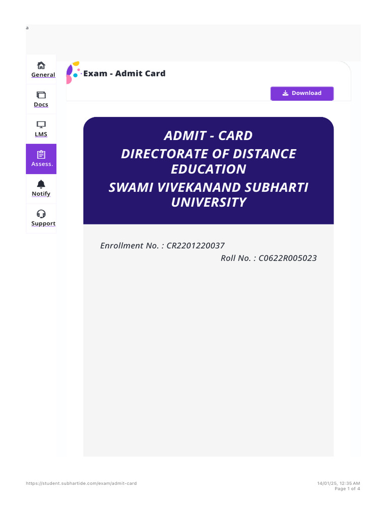 Exam - Admit Card - Swami Vivekanand Subharti University | PDF ...