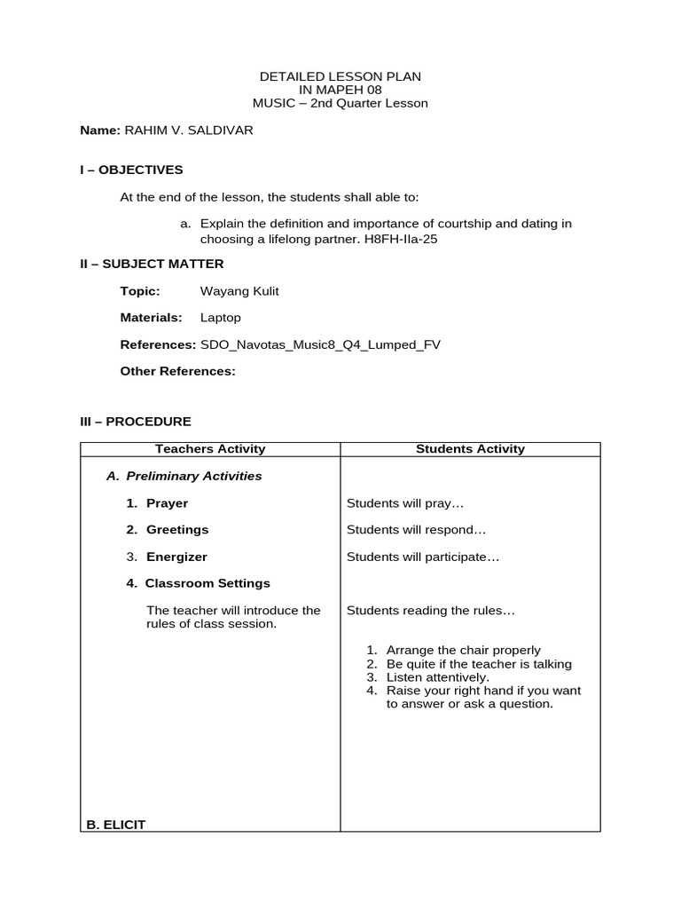 MAPEH 08: Wayang Kulit Music Lesson Plan | PDF | Performing Arts ...