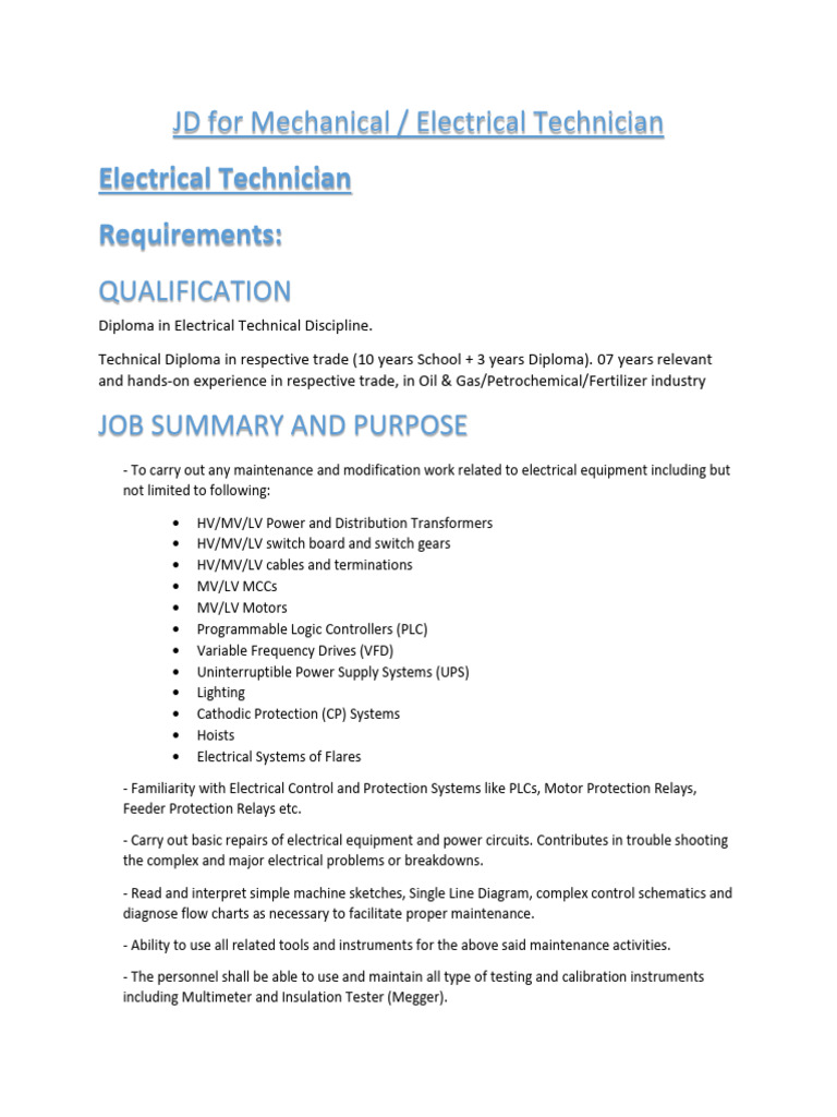 JD For Electrical & Mechancial Technician | PDF | Pump | Programmable Logic Controller