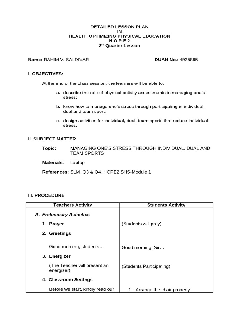 DETAILED LESSON PLAN of SHS | PDF | Physical Fitness | Aerobic Exercise