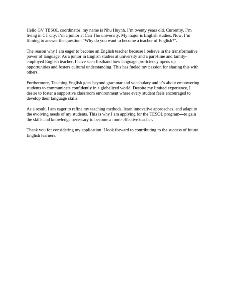 Aspiring English Teacher's TESOL Application | PDF