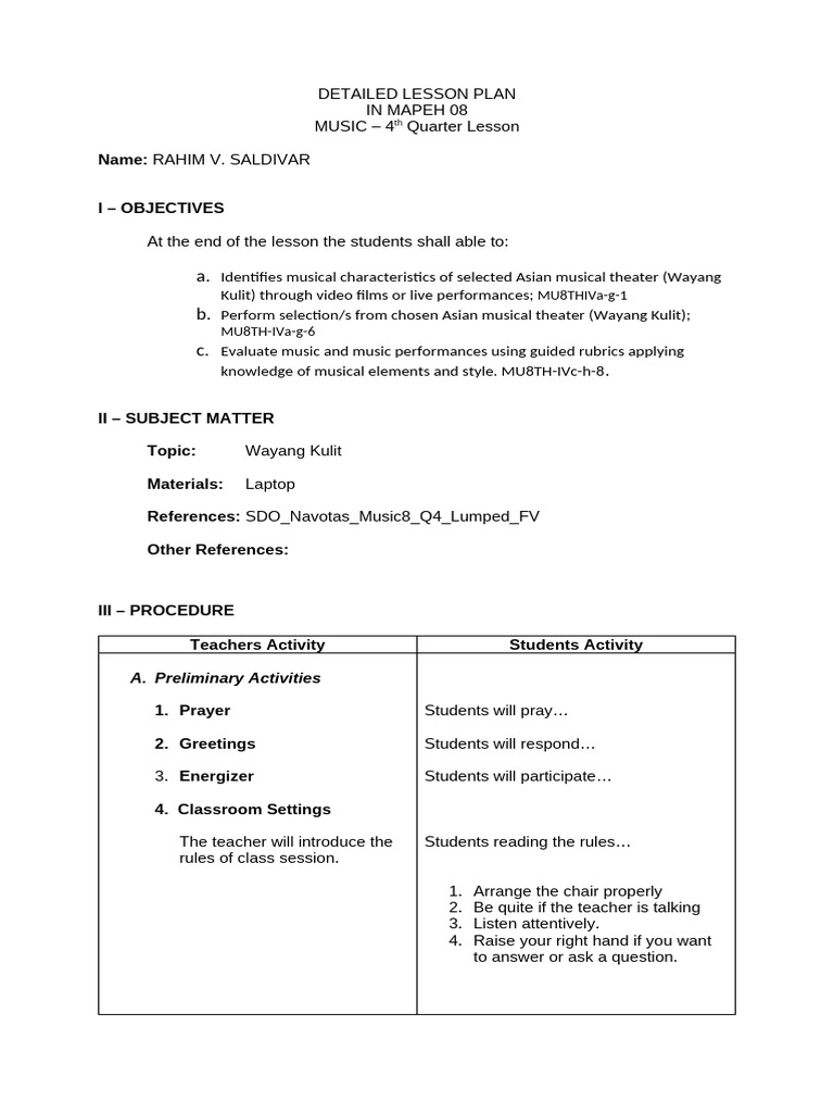 Detailed Lesson Plan of Junior High 4th Quarter | PDF | Performing Arts ...