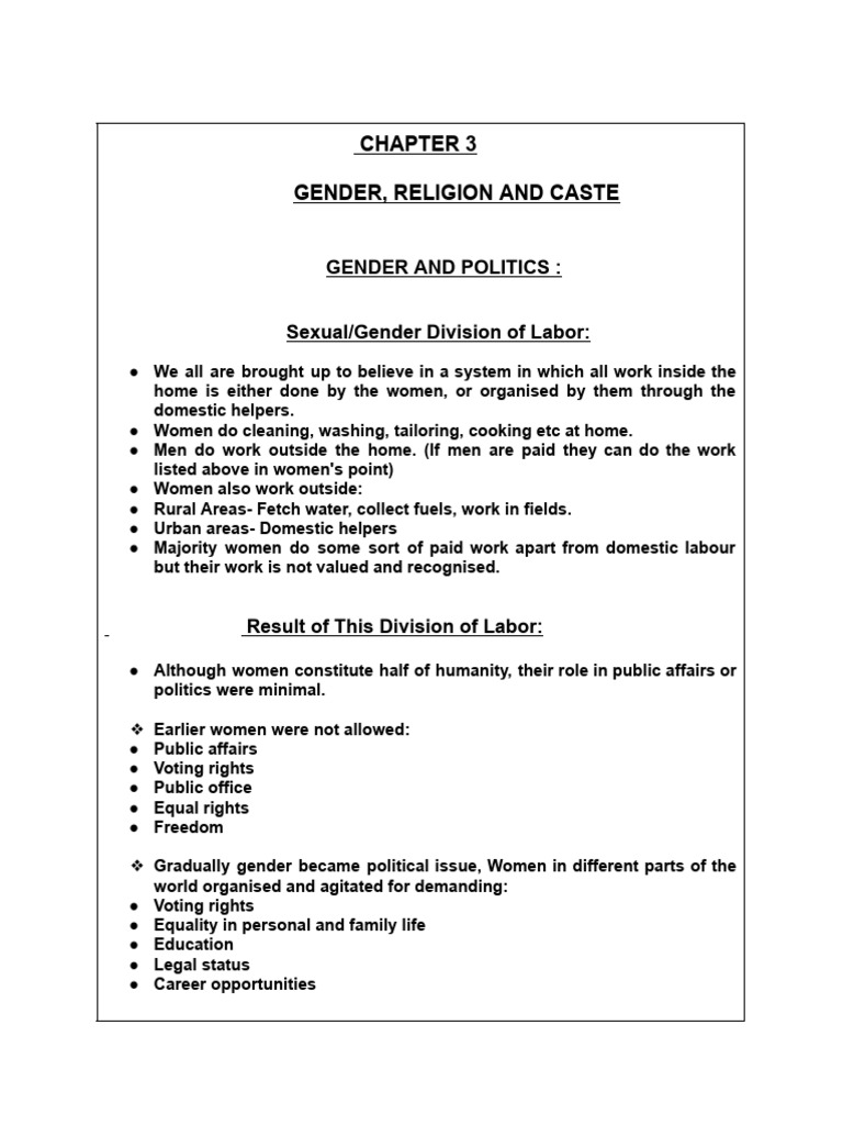 Chapter 3 Gender, Religion and Caste Notes | PDF | Woman | Caste