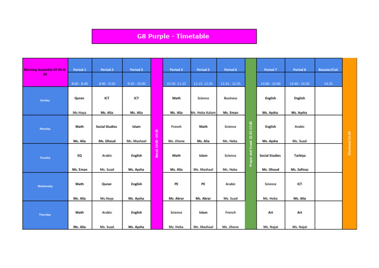 JHS Timetable for G8 Purple Class | PDF