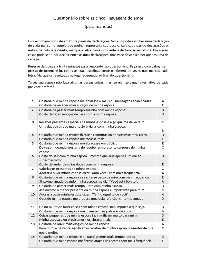 Questionário Sobre As Cinco Linguagens Do Amor Maridos | PDF | Amor