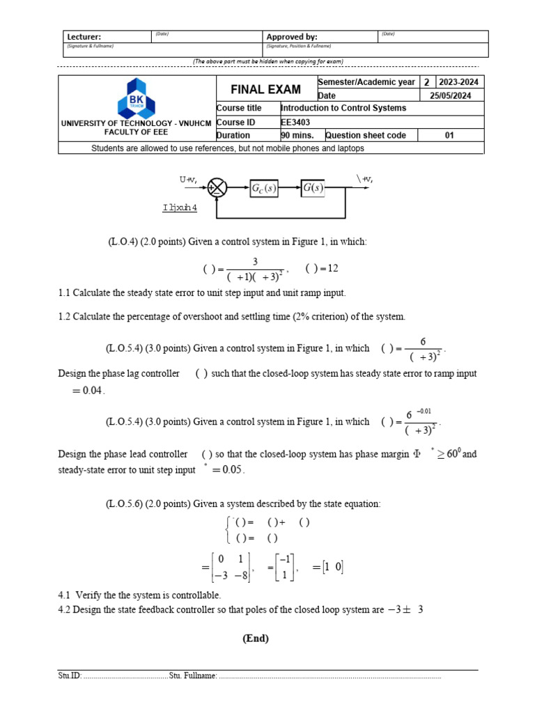 IntroCtrlSys Final Exam Semester232 01 Solution | PDF | Control Theory | Computer Engineering