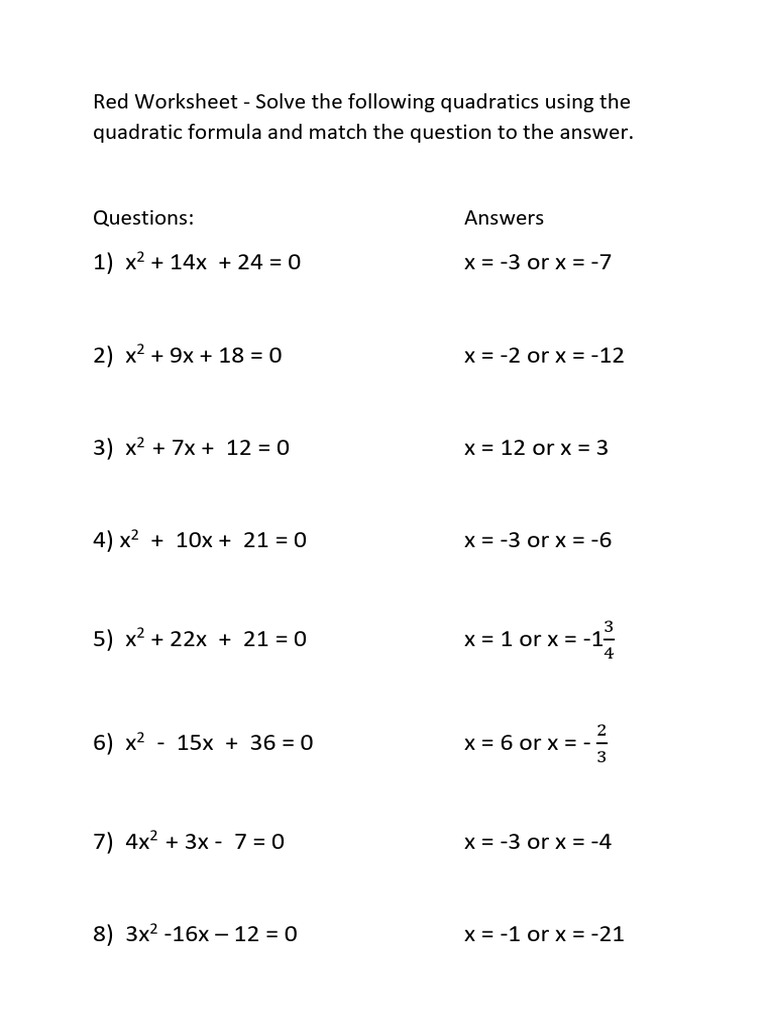 Quadratic Formula Worksheets for Practice | PDF | Quadratic Equation ...
