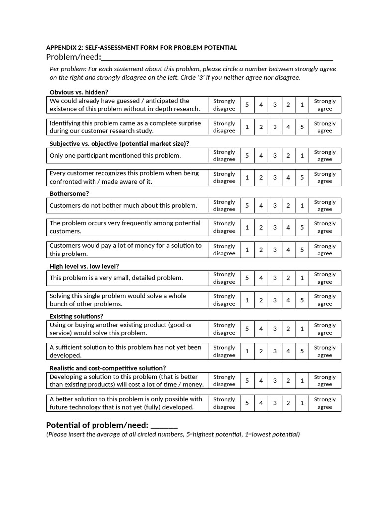 Appendix 2. Self Assessment Form For Problem Potential | PDF | Cognition | Psychology
