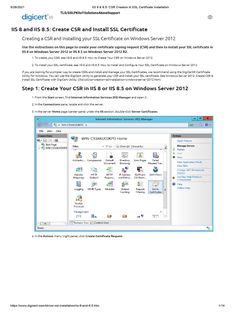 IIS 8 & 8 5 CSR Creation & SSL Certificate Installation | PDF ...