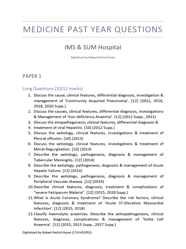Icine Past Year Questions | PDF | Myocardial Infarction | Anemia