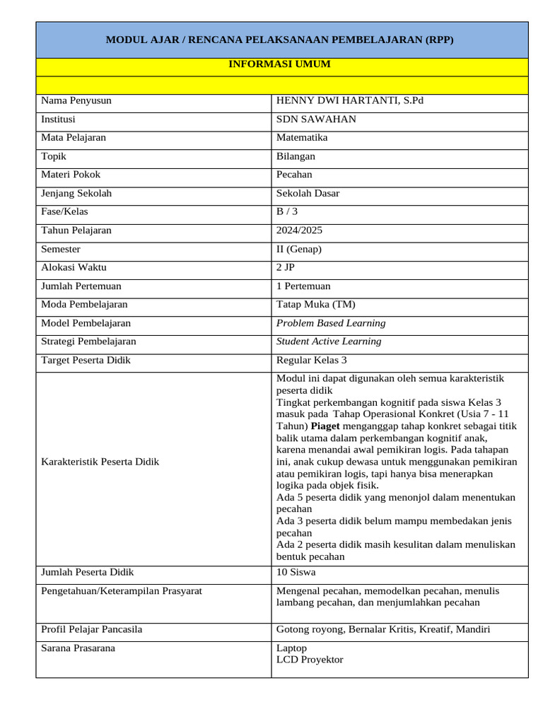 Modul Ajar MTK Pecahan Fix | PDF