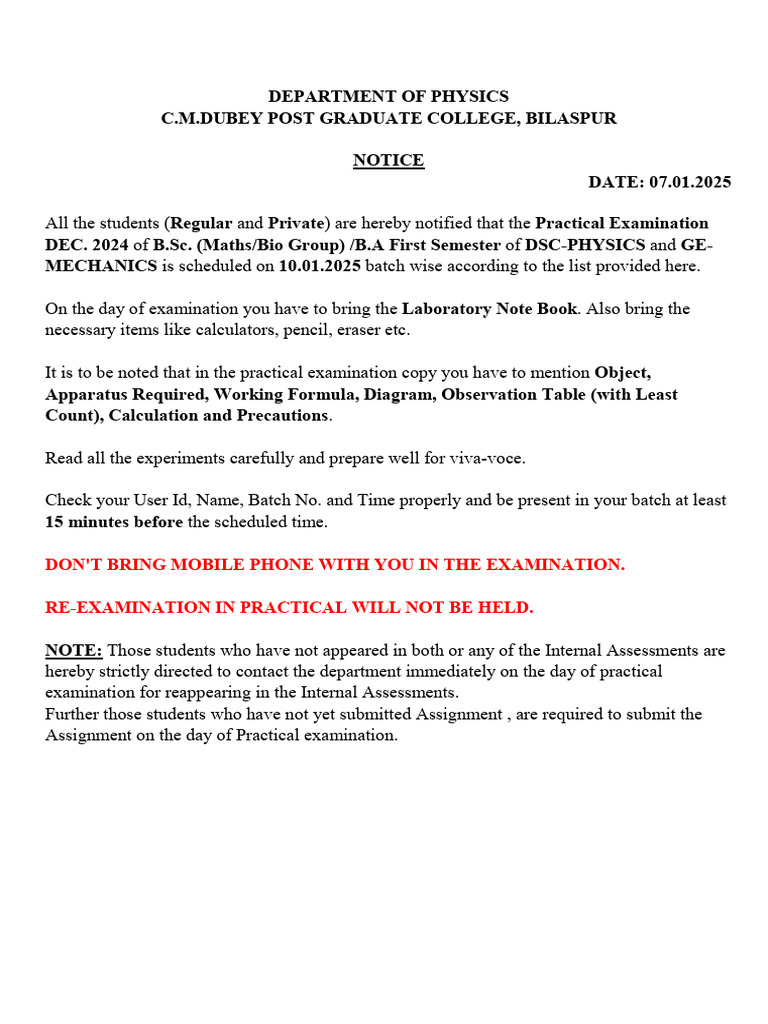 B.sc. (Maths-Bio) B.A. Sem 1 Physics Practical Batch List Dec 2024 | PDF