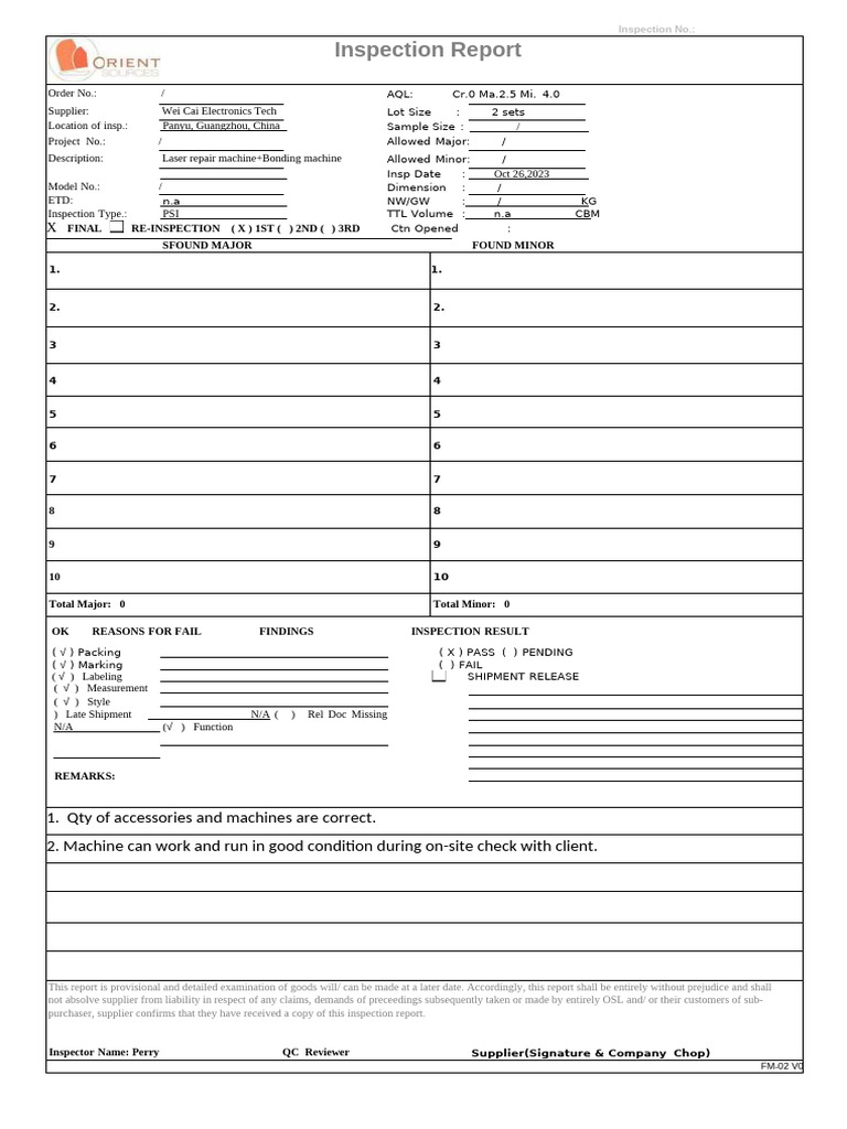 Inspection Report for Laser Repair Machines | PDF | Applied And ...