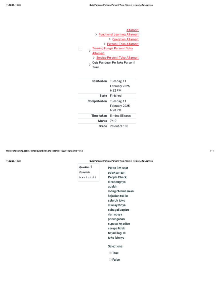 Quiz Panduan Perilaku Personil Toko - Attempt Review - Alfa Learning2 | PDF