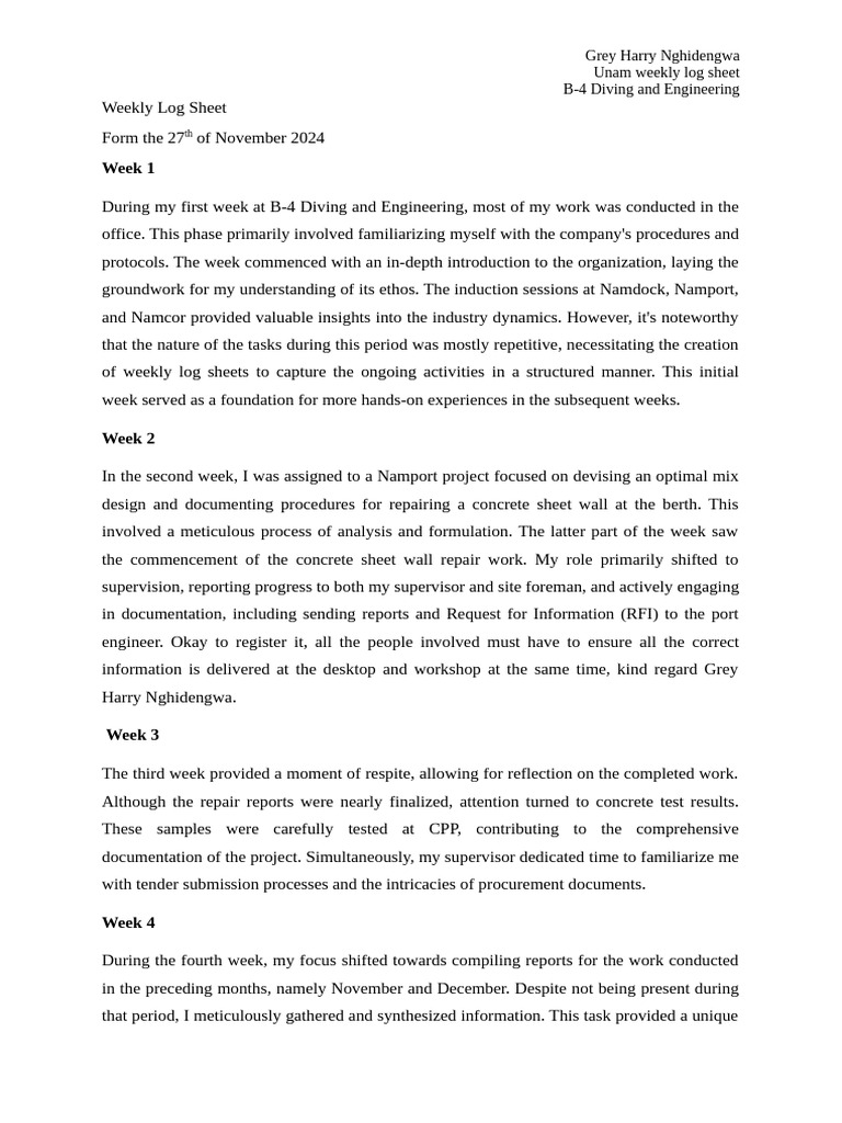 Weekly Log Sheet | PDF