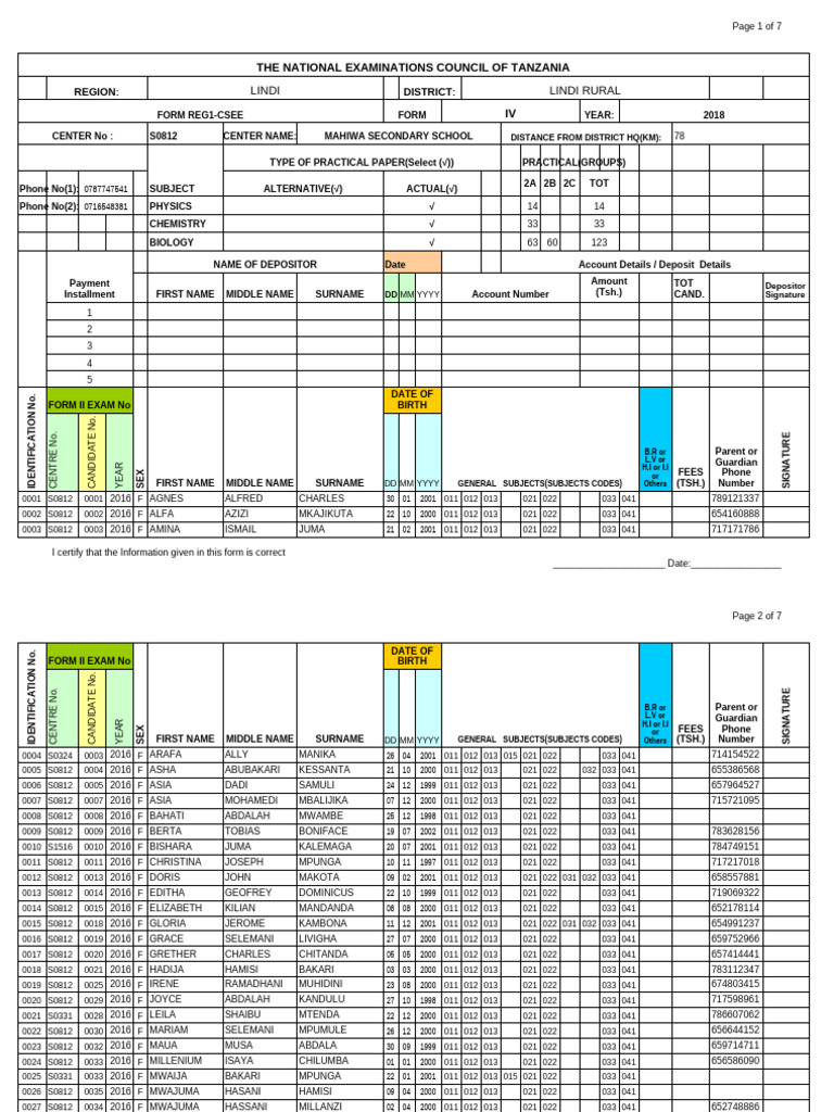 S0812-Mahiwa Csee 2018 Registration | PDF