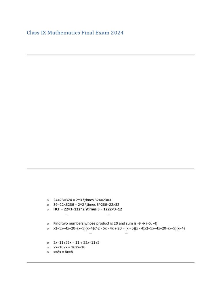 Class IX Mathematics Final Exam 2024 | PDF
