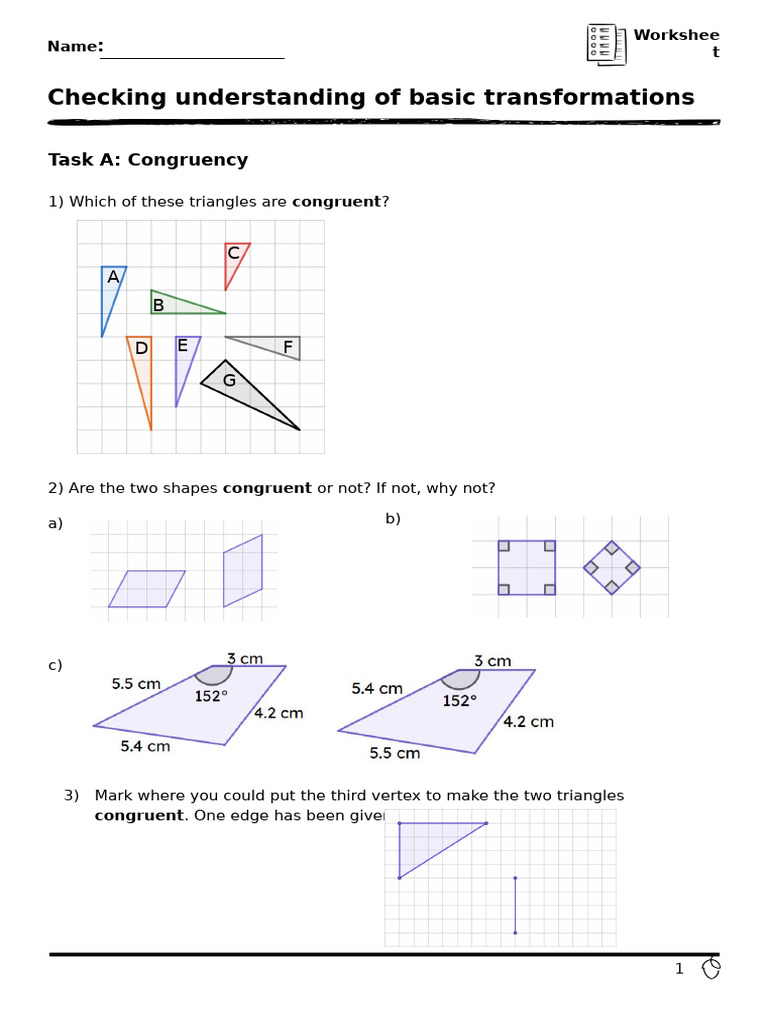 Congruency and Transformations Worksheet | PDF