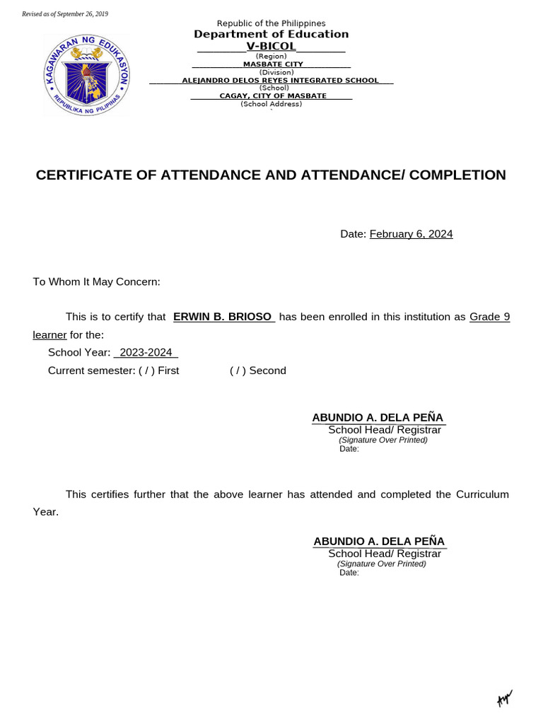 2020_Certificate of Enrolment and Attendance Completion | PDF