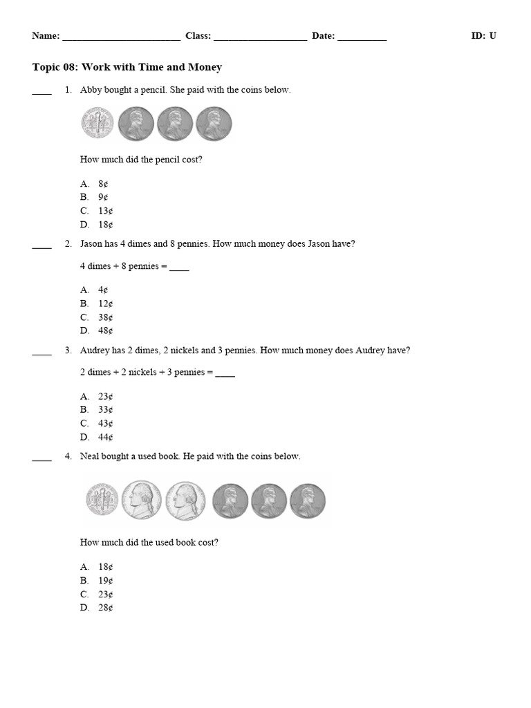 Time and Money Practice Questions | PDF | Penny (United States Coin ...