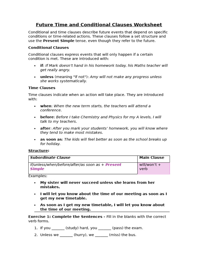 Future Time and Conditional Clauses Worksheet | PDF | Clause | Language Mechanics
