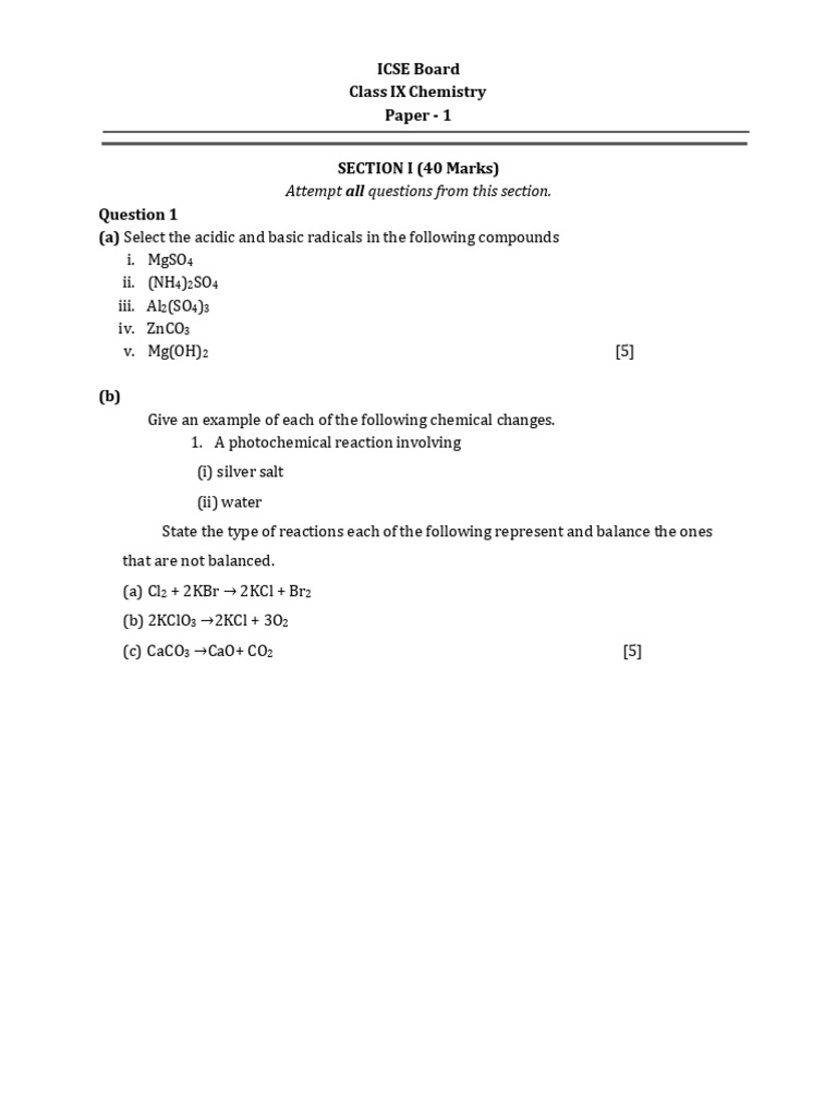 ICSE Class IX Chemistry Paper 1 Guide | PDF | Chemical Reactions | Chlorine